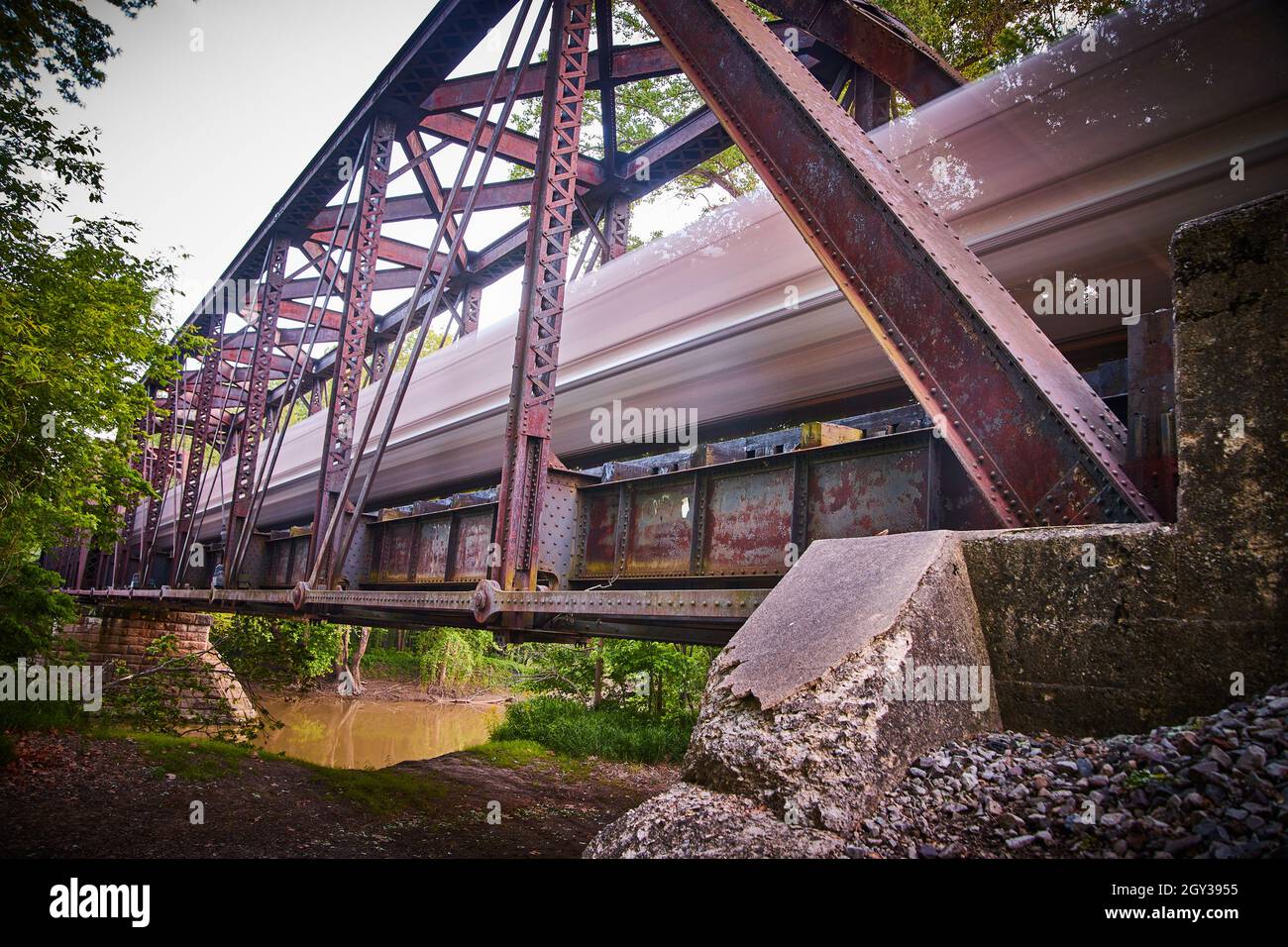 Large metal train track from below with blur of train Stock Photo - Alamy