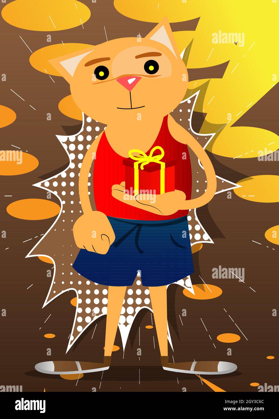 Funny cartoon cat holding small gift box. Vector illustration. Cute ...