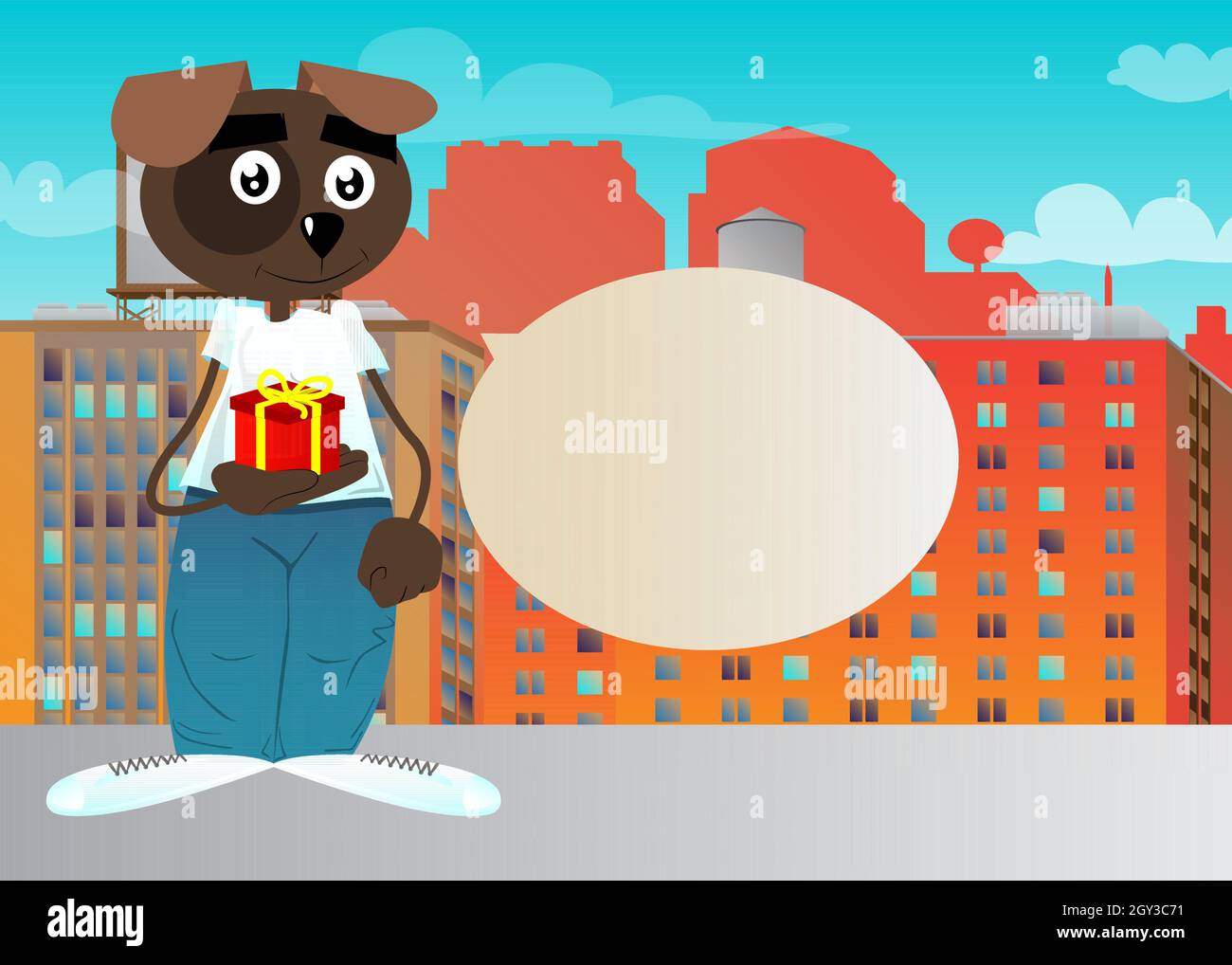 Funny cartoon dog holding small gift box. Vector illustration Stock ...