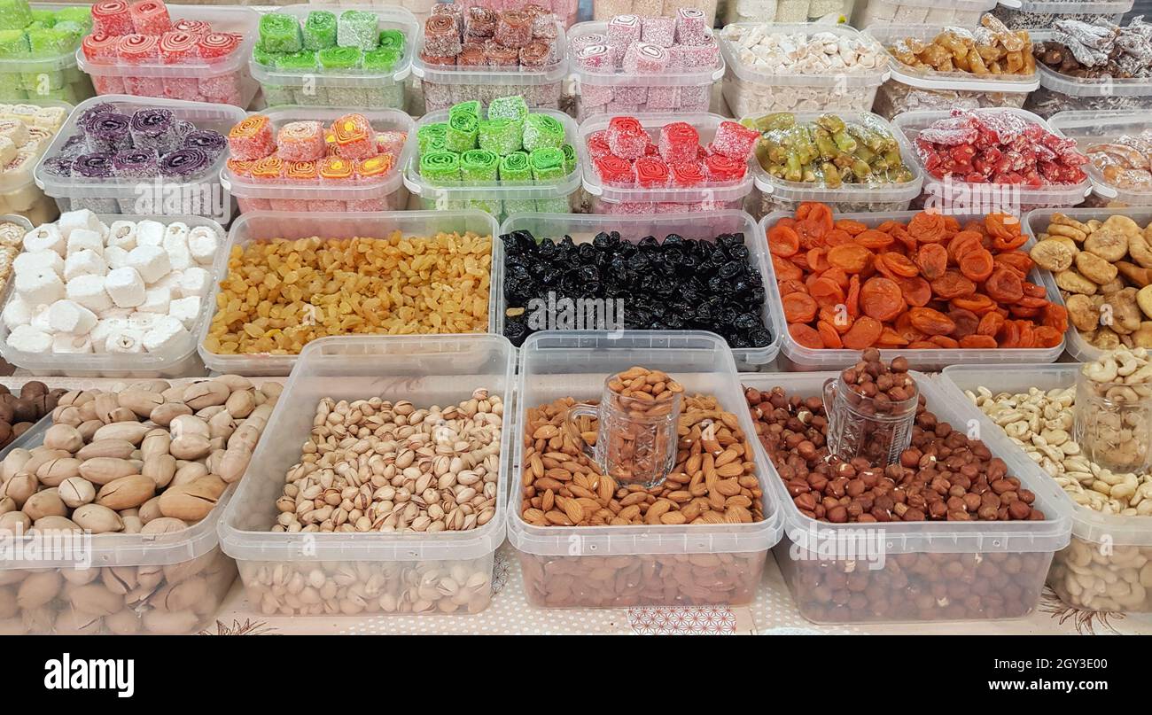 A wide selection of exotic oriental sweets, including baklava, toffee ...