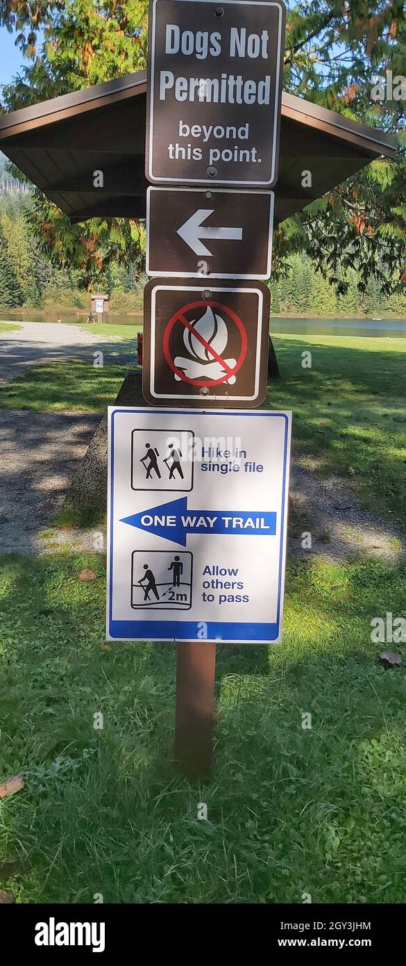 Signs depicting no fires and keep distance 2 meters or 6 feet between ...