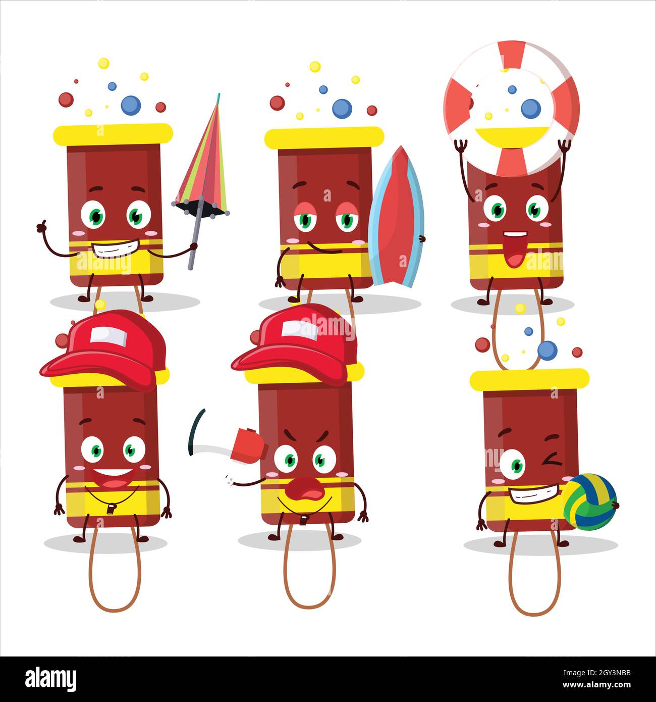 Happy Face bubble blaster firework cartoon character playing on a beach ...