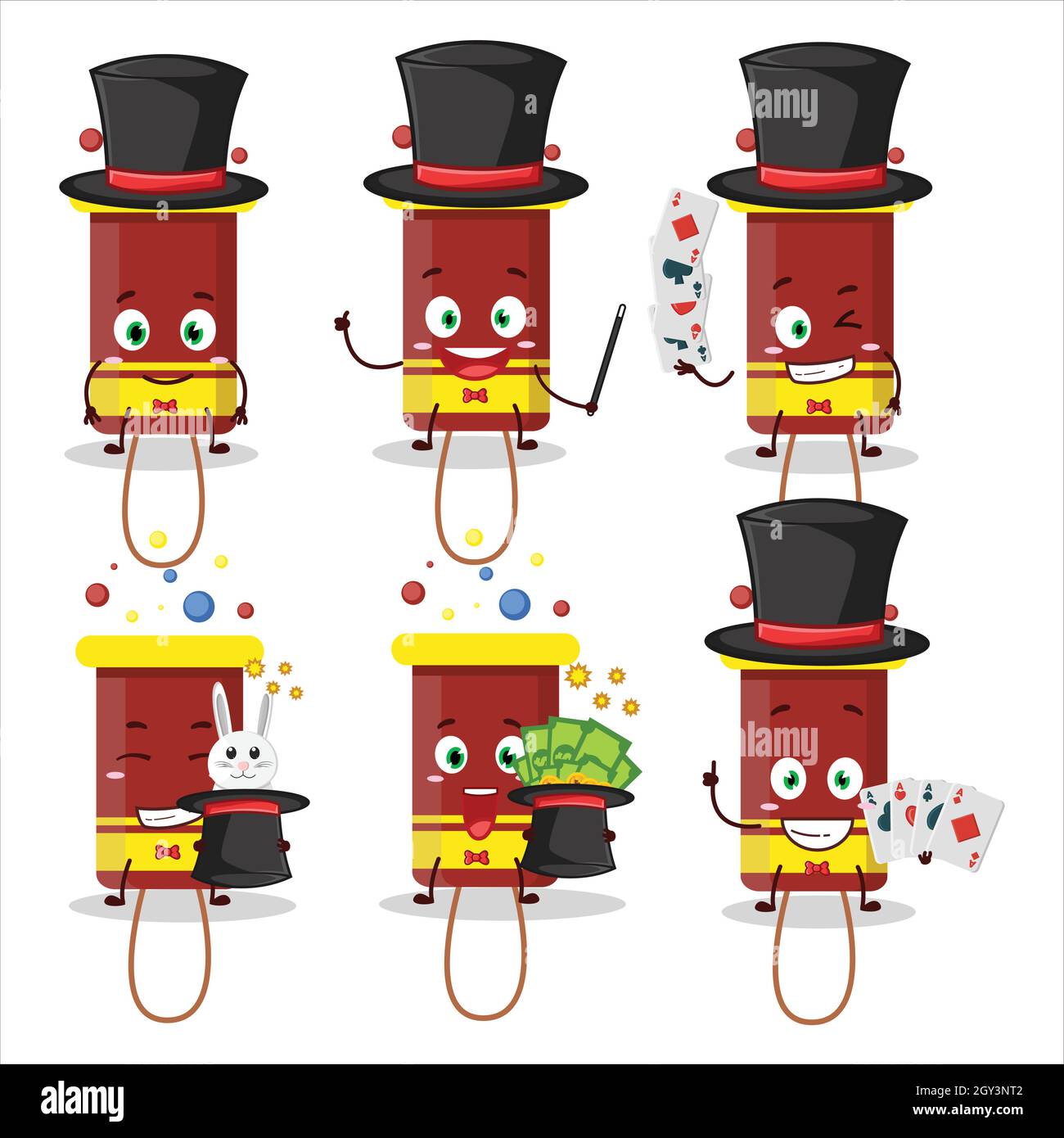 A bubble blaster firework Magician cartoon character perform on a stage ...