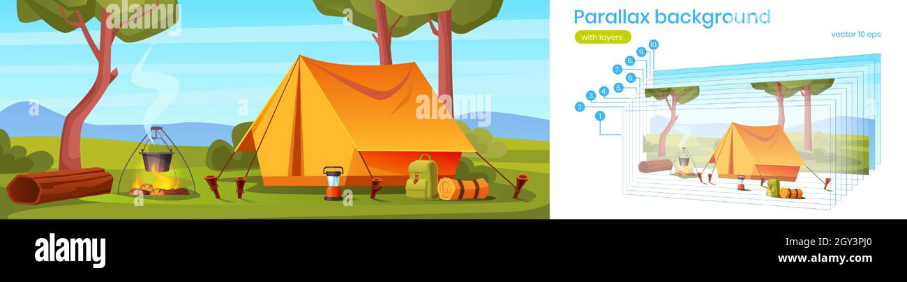 Parallax background camping tent with tourist stuff in forest 2d ...