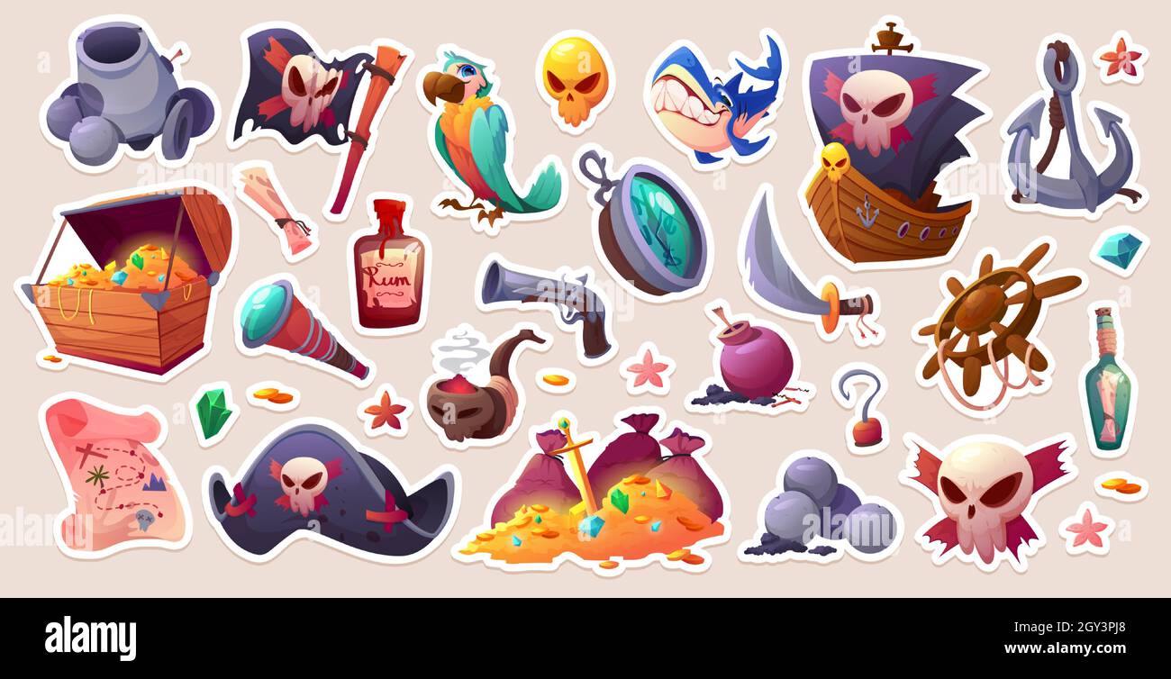 Set of stickers pirate cannon, treasure chest, flag with jolly roger ...
