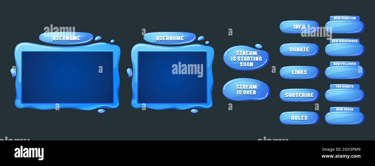 Game streaming overlay panels and buttons with water texture. Template ...