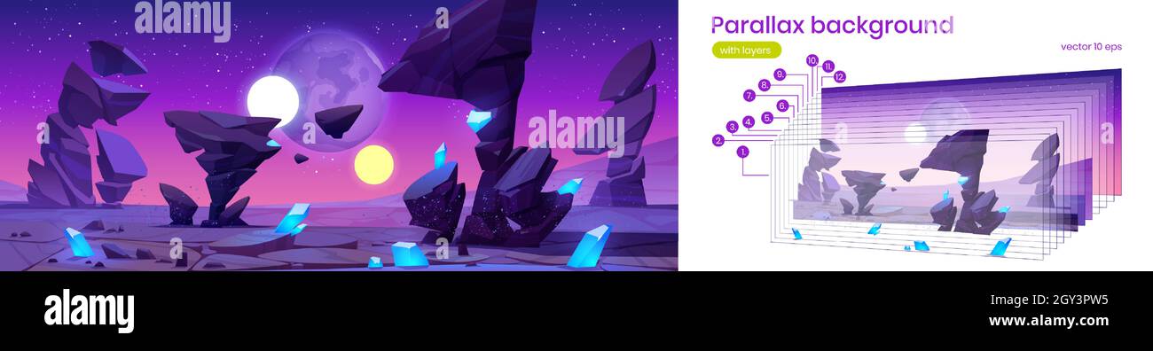 Alien planet parallax background for space game, extraterrestrial 2d ...