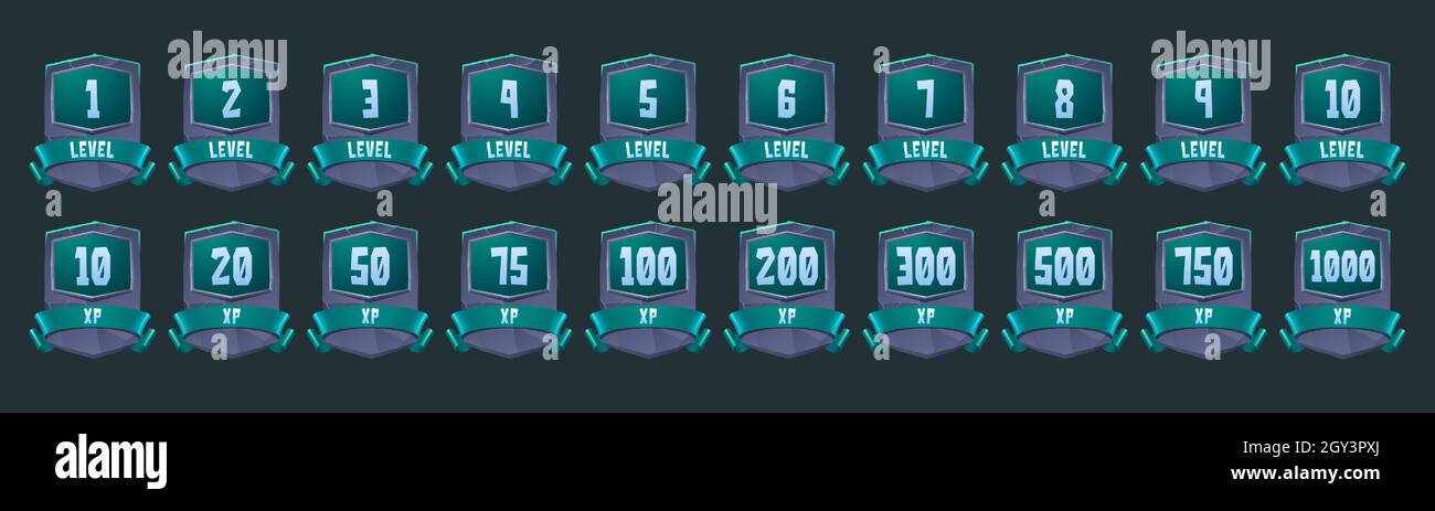 Old badges with level number and experience points for game ui design. Vector cartoon icons of ...