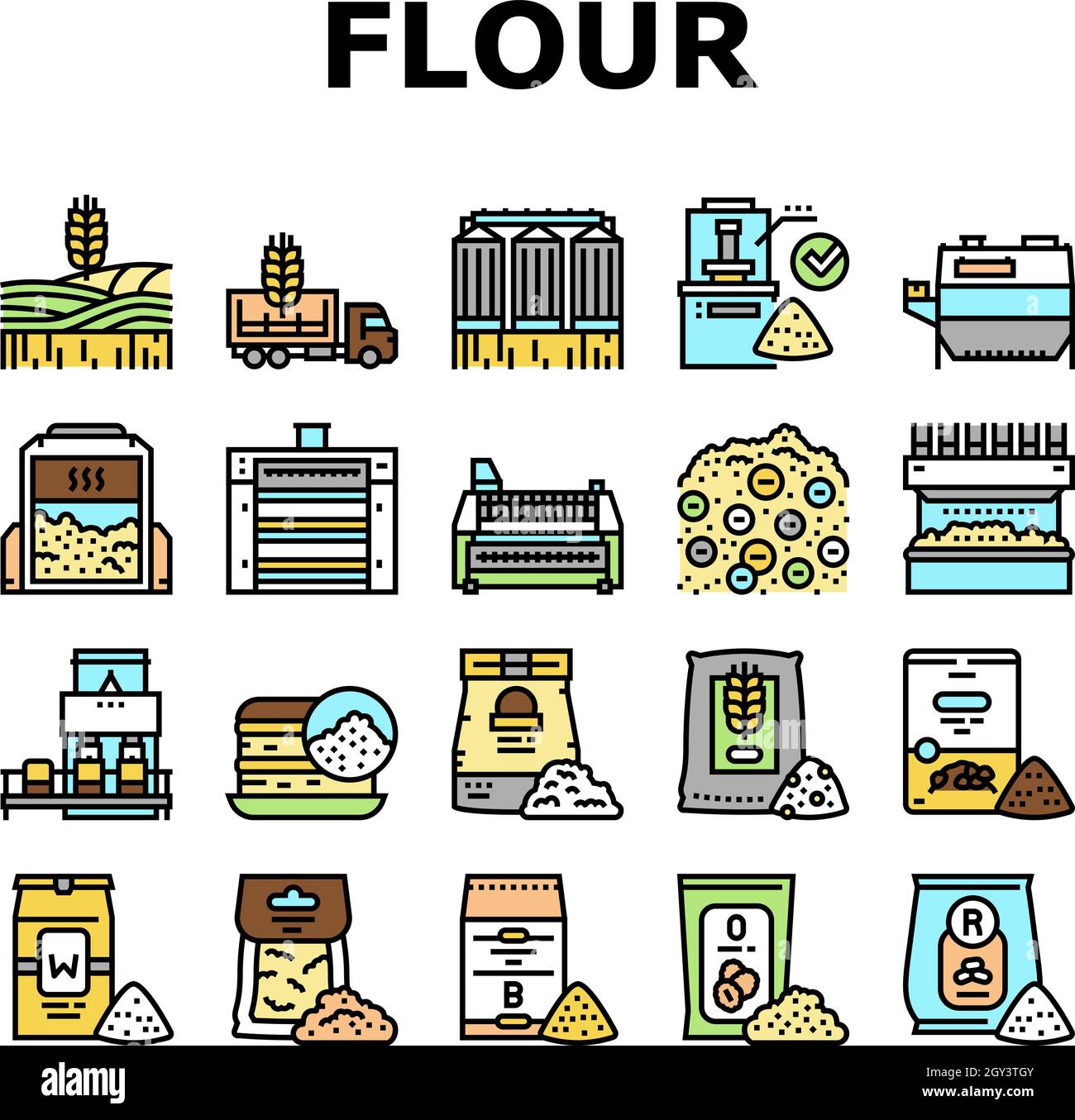 Flour Factory Industry Production Icons Set Vector Stock Vector Image ...