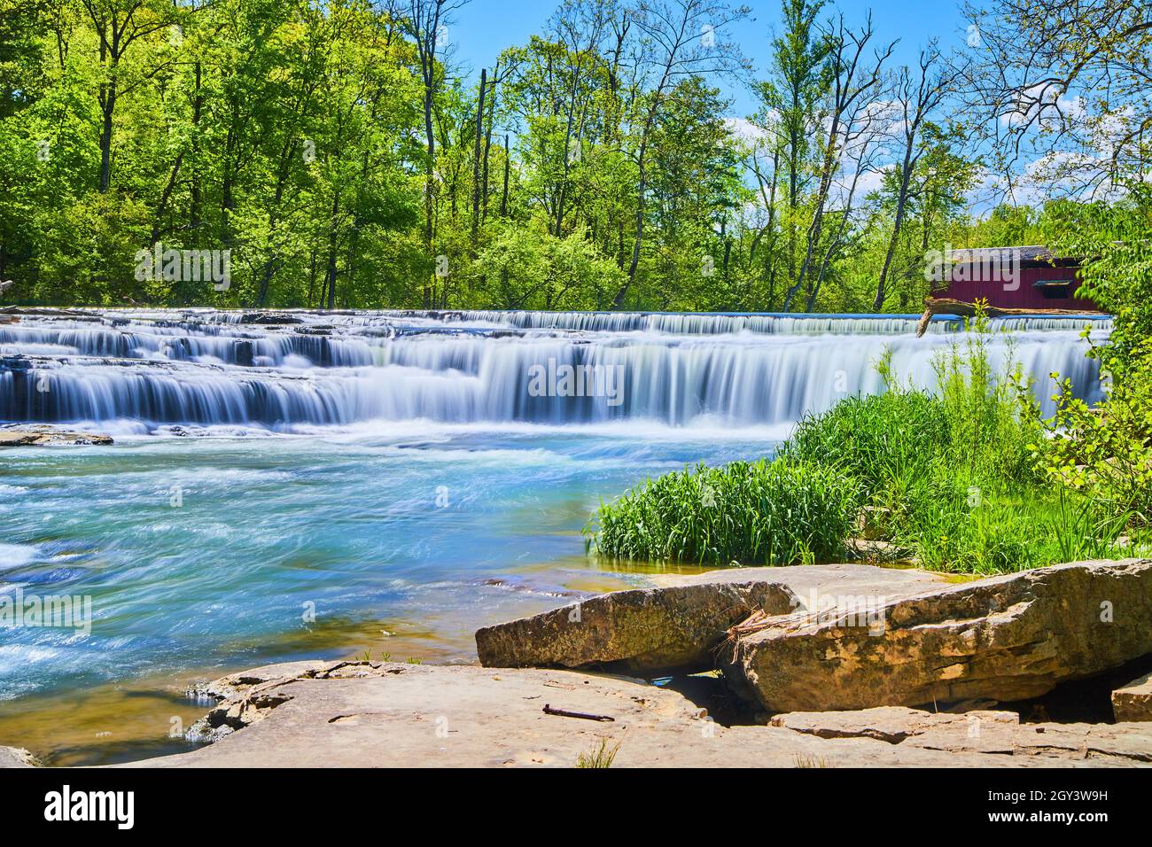 Colorful blue waterfall with lush green forest and rock slates Stock ...