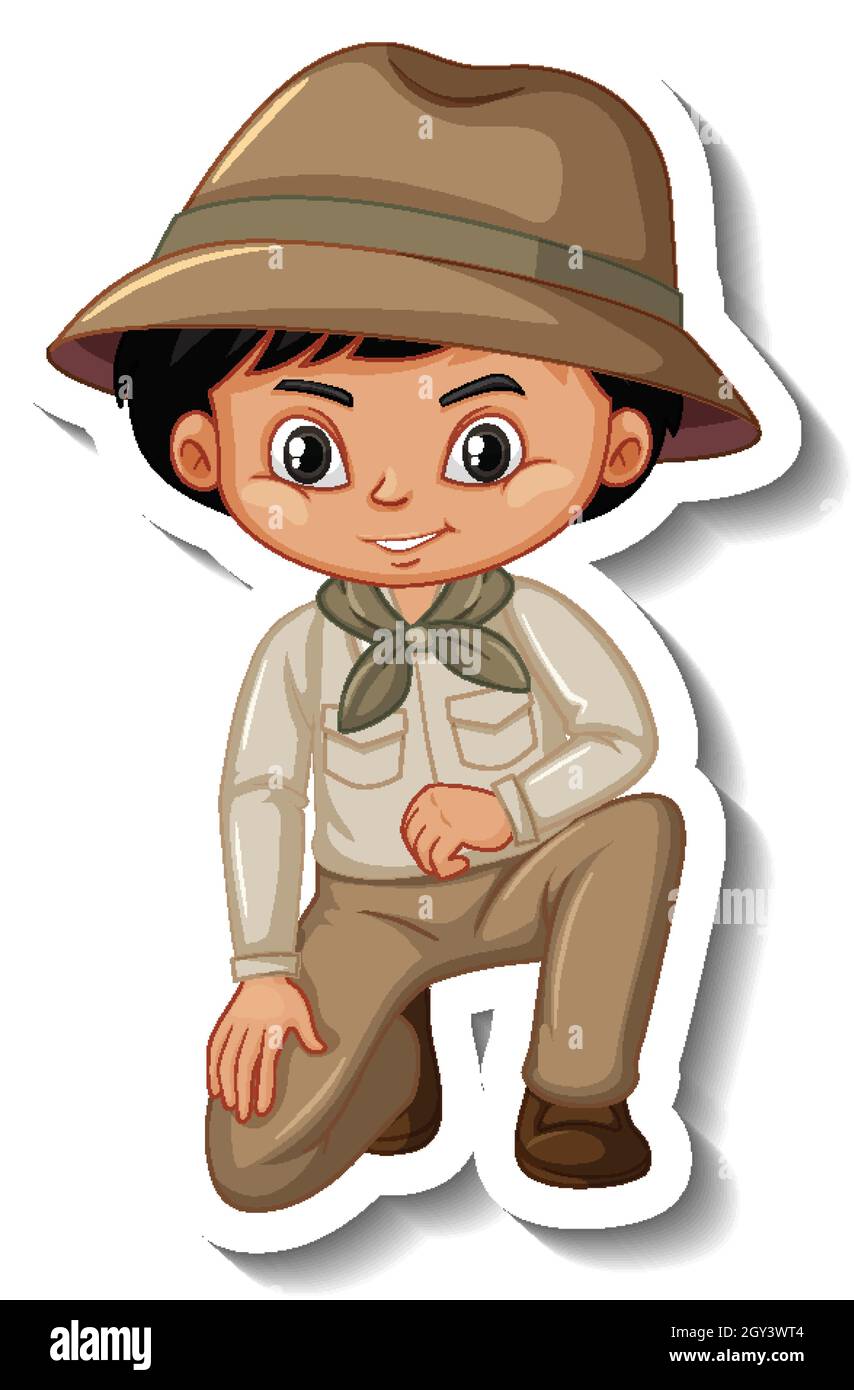 Boy in safari outfit cartoon character sticker illustration Stock ...