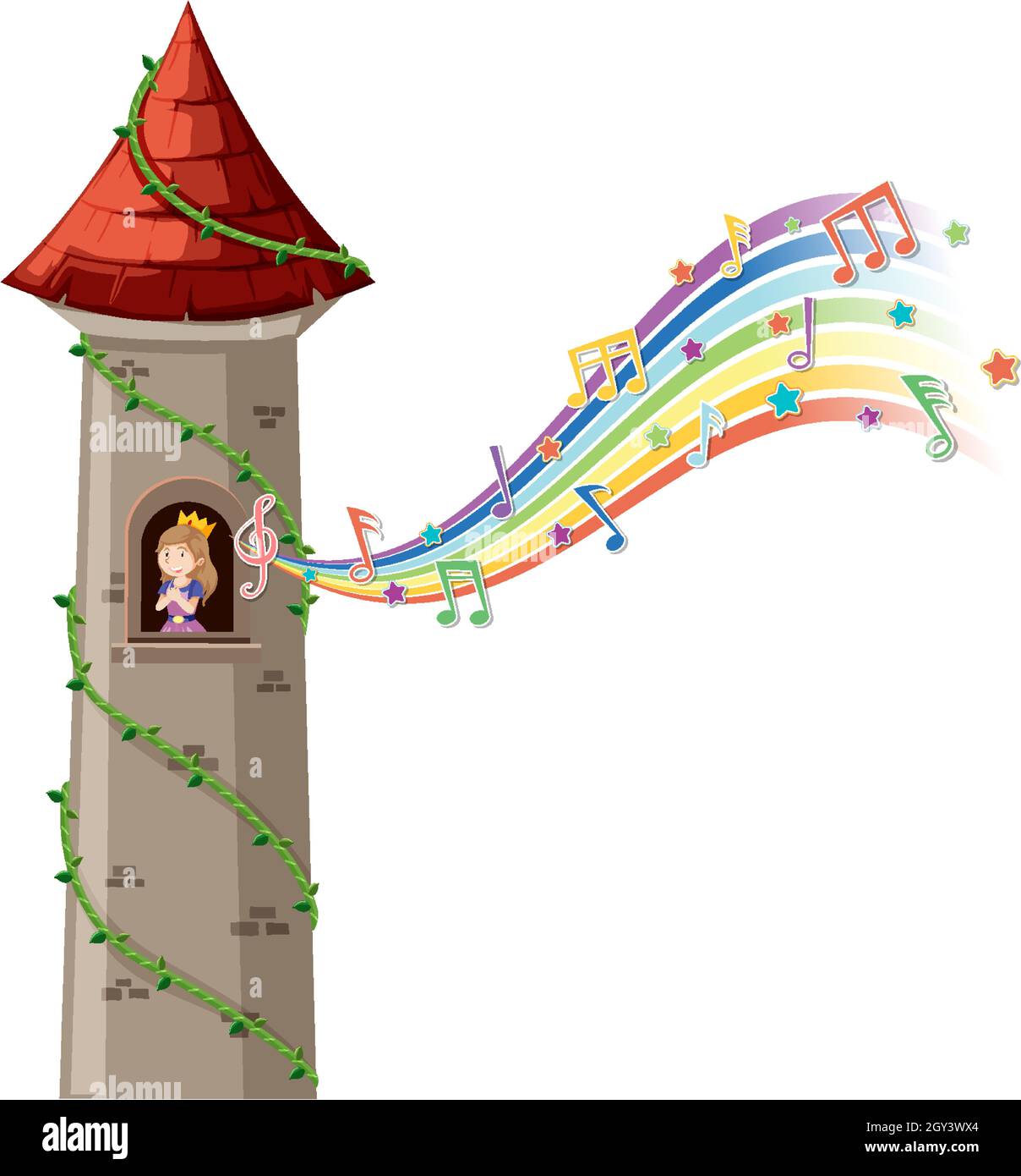 Princess in tower with melody symbol on rainbow illustration Stock ...