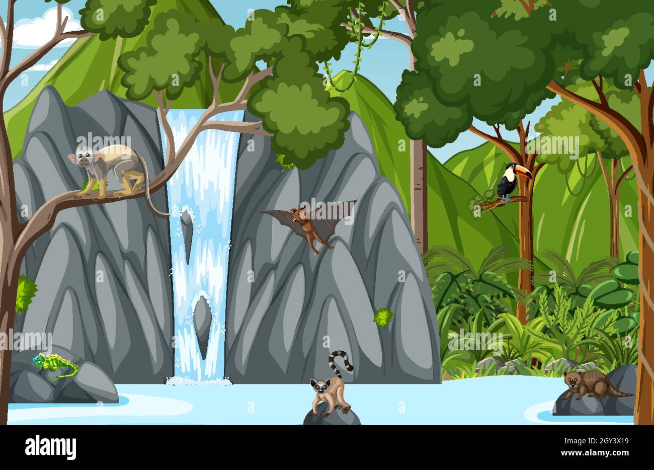 Wild animals with waterfall in the forest scene illustration Stock ...