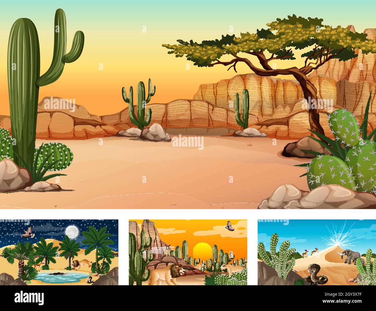 Different scenes with desert forest landscape with animals and plants ...