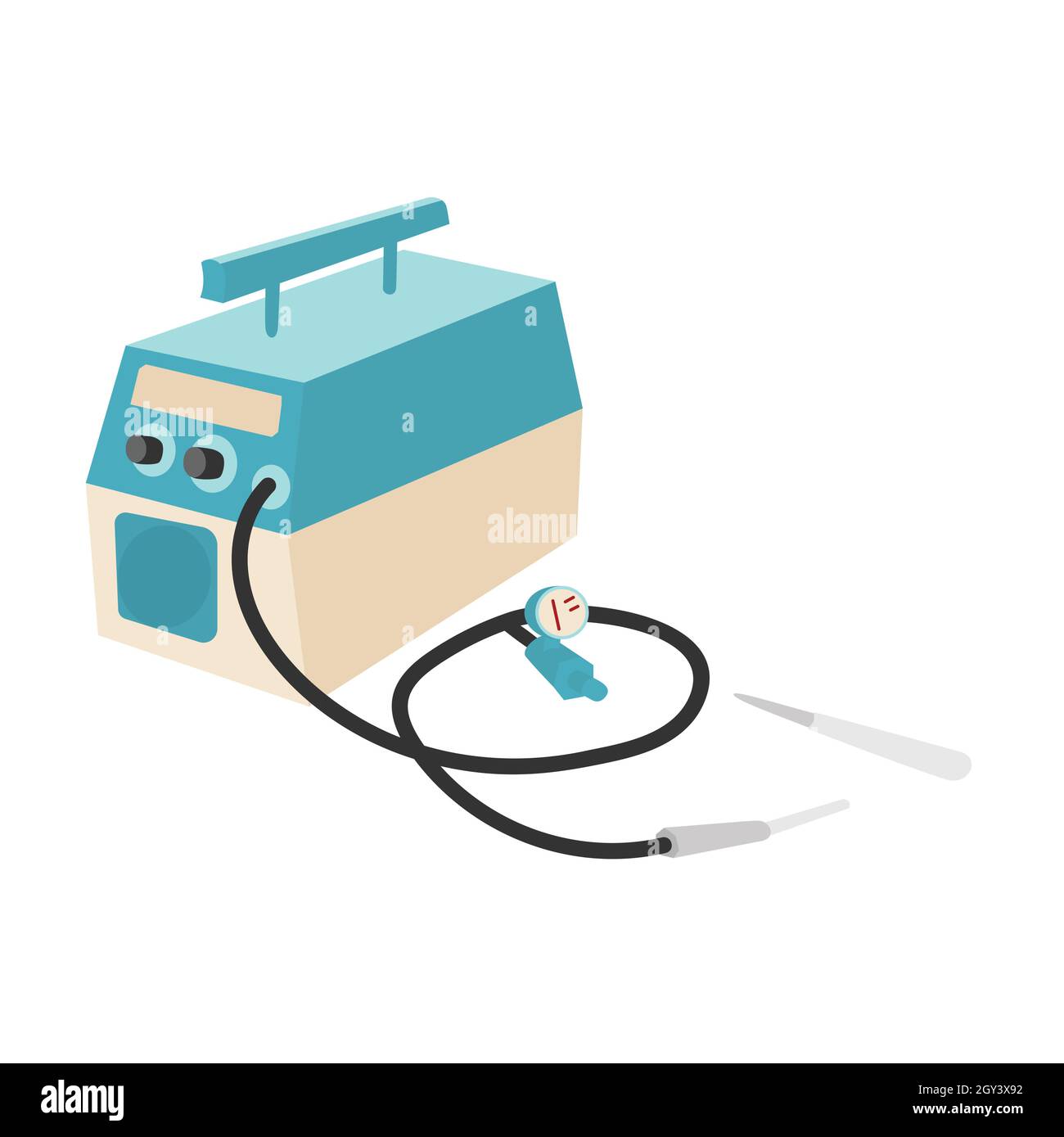 welding machine, flat design style, with machine in blue and beige ...