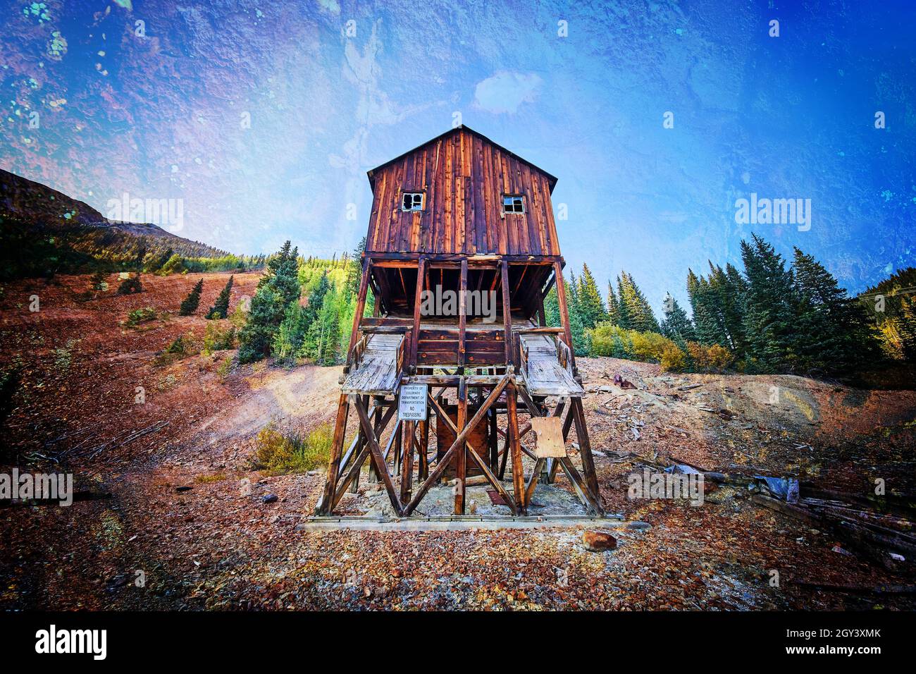 Texture overlay and intense color on old mining structure abandoned in ...