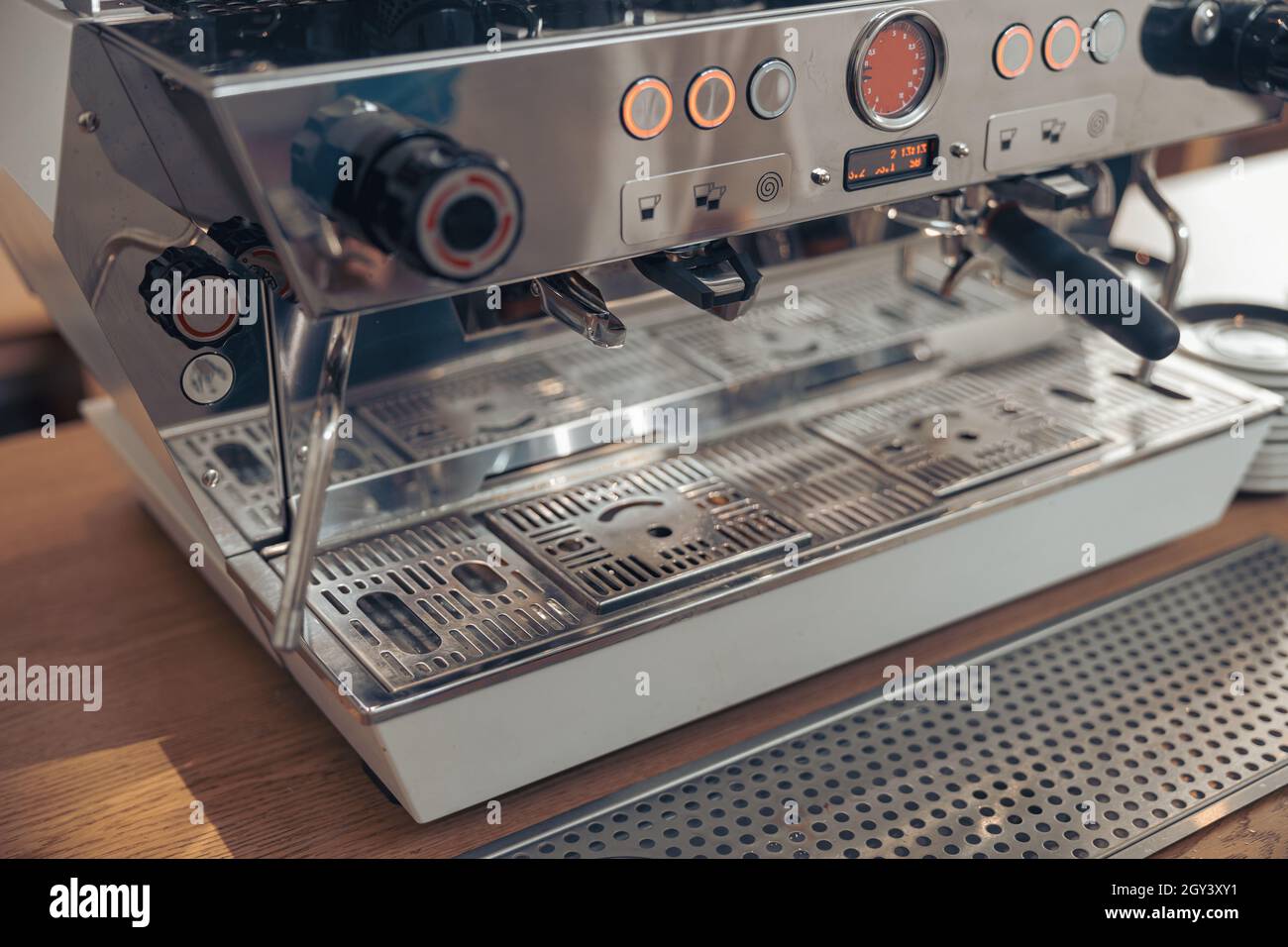Counter with professional coffee machine in cafeteria Stock Photo - Alamy