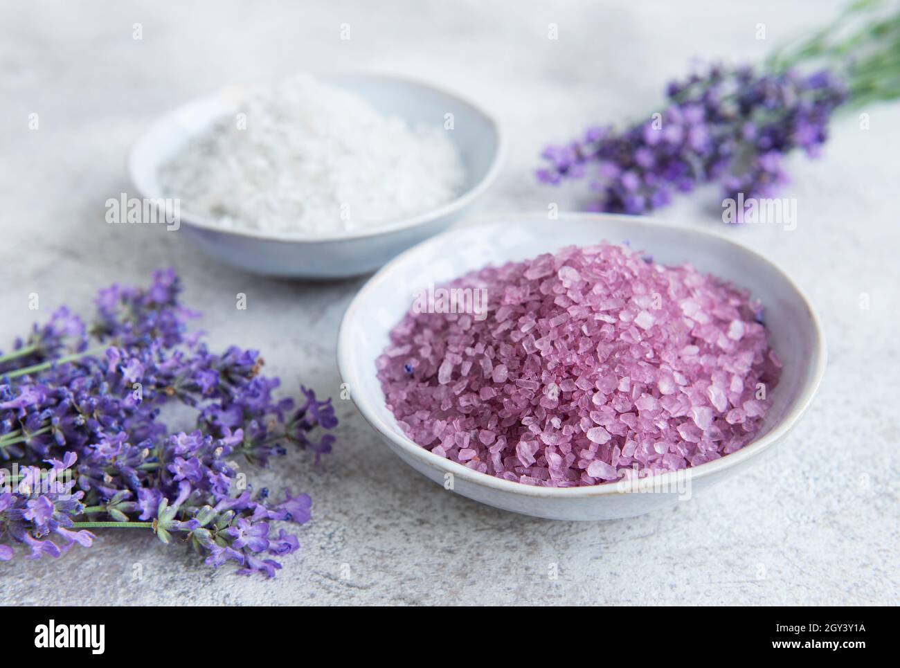 Lavender spa. Natural herb sea salt with lavender flowers Stock Photo ...