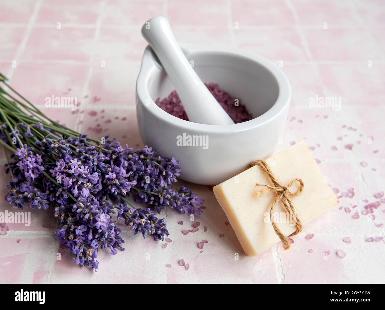 Lavender spa. Essential oils, sea salt, towels and handmade soap ...