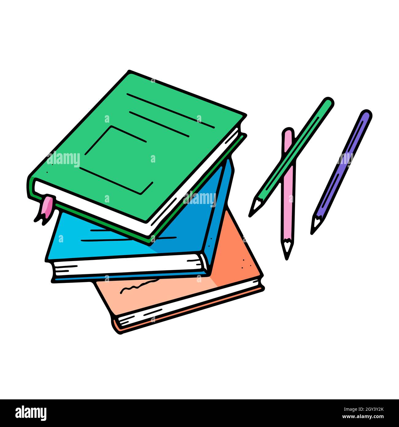 A stack of books and pencils. Drawing stationery on the table in doodle ...