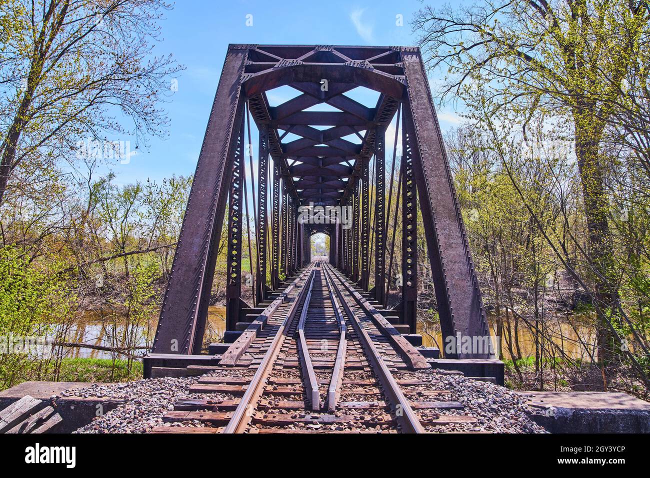 Metal train track bridge over river in forest Stock Photo - Alamy