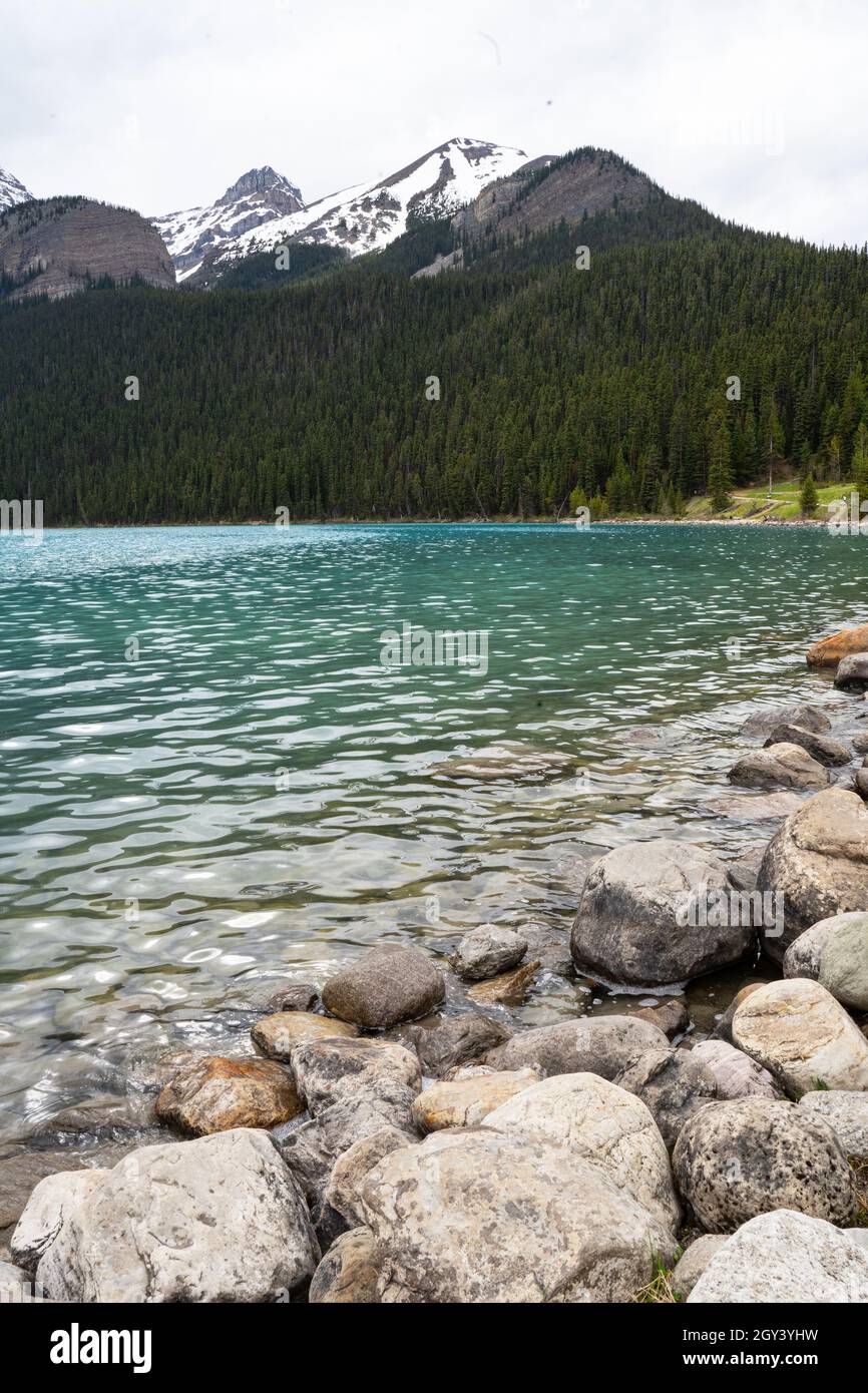 Vertical shot of a lake surrounded by hills and greenery in Banff ...