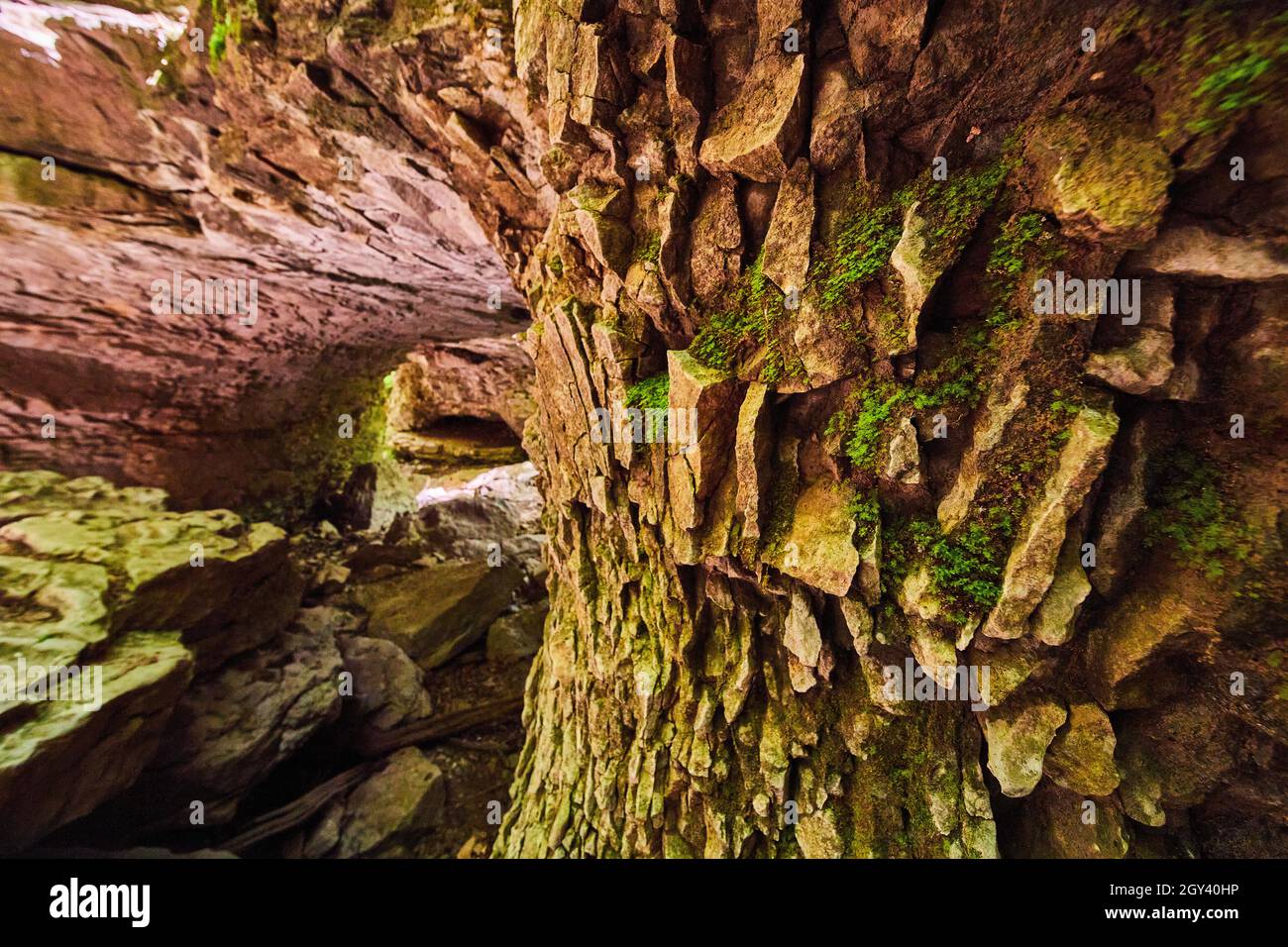 Detail of rocky cave entrance with lichen Stock Photo - Alamy