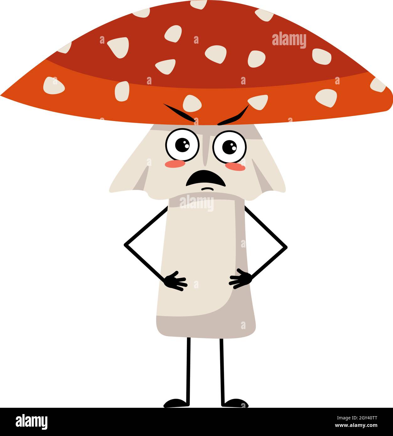 Cute amanita character with angry emotions, grumpy face, arms and legs ...