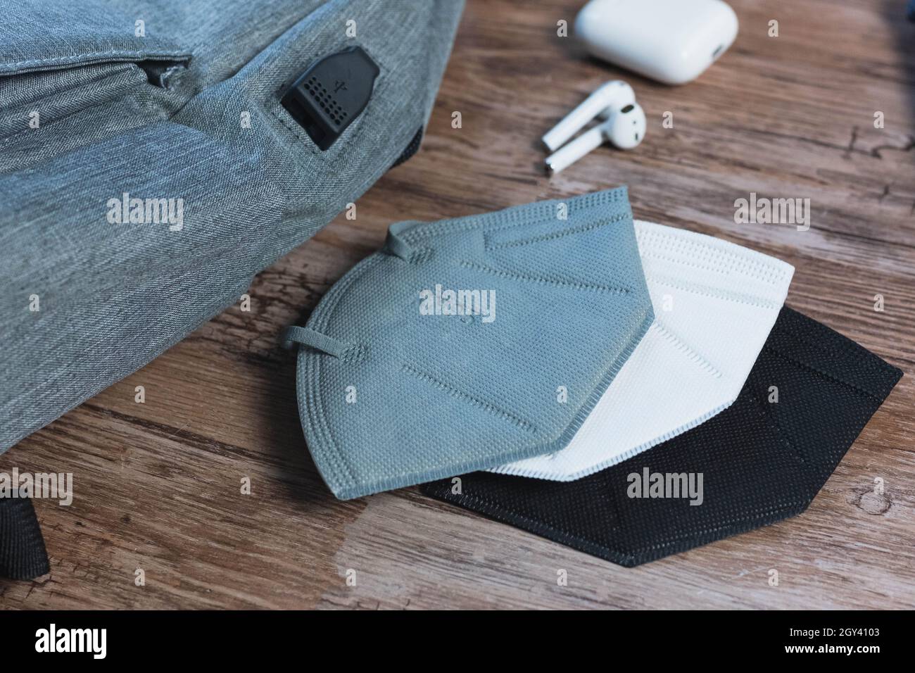 Desktop with face masks on top and office elements Stock Photo - Alamy