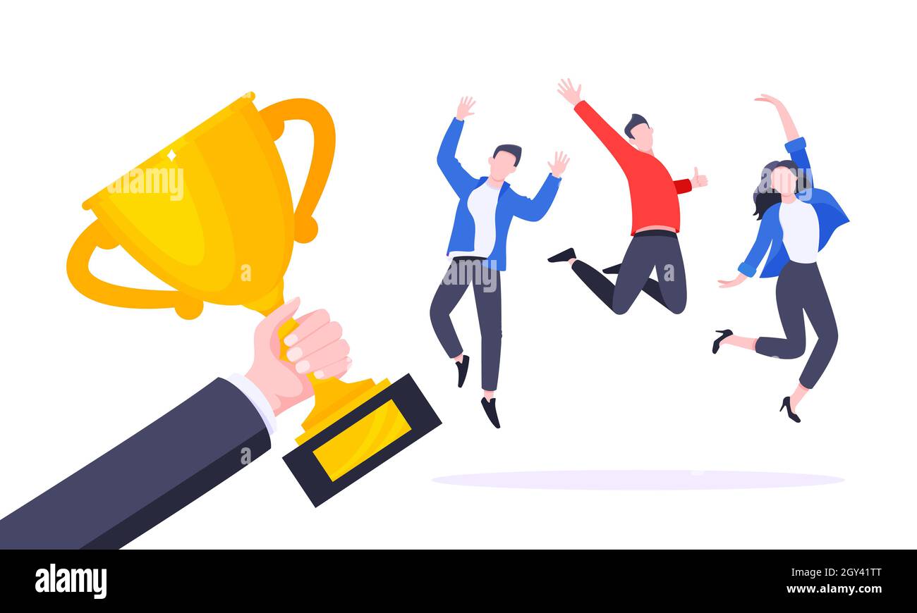 Happy business employee team winners award ceremony flat style design vector illustration ...