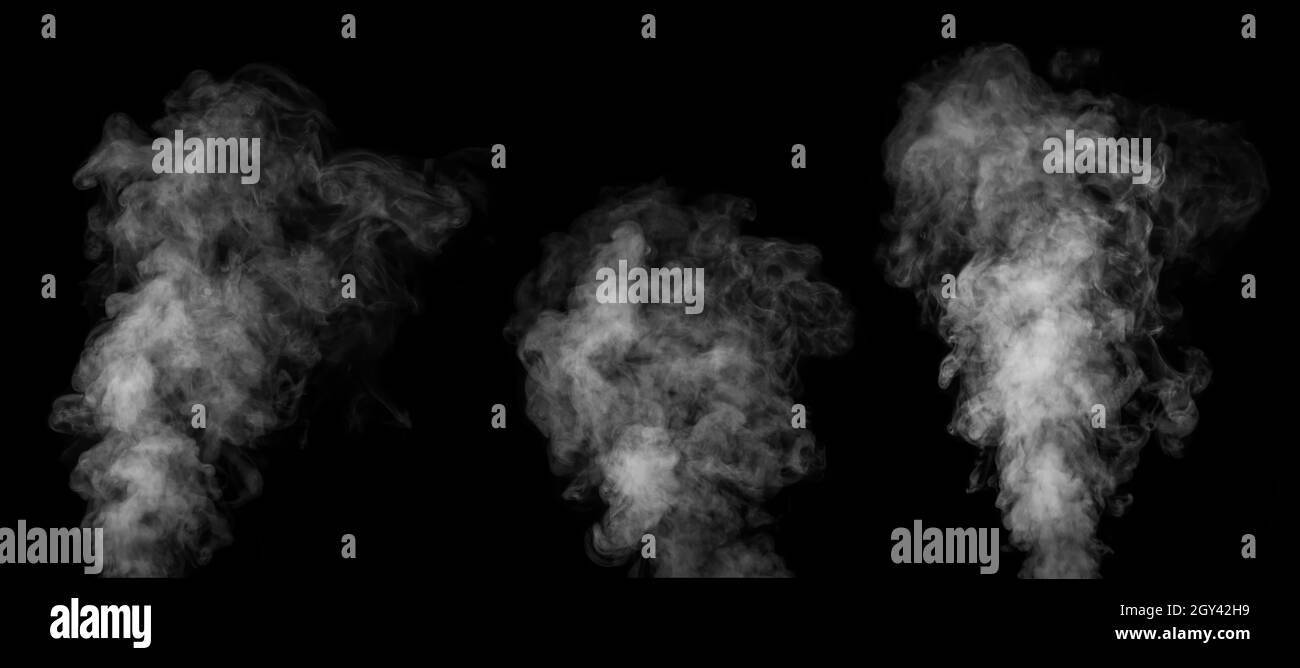 A set of three different white fumes, smoke on a black background to ...