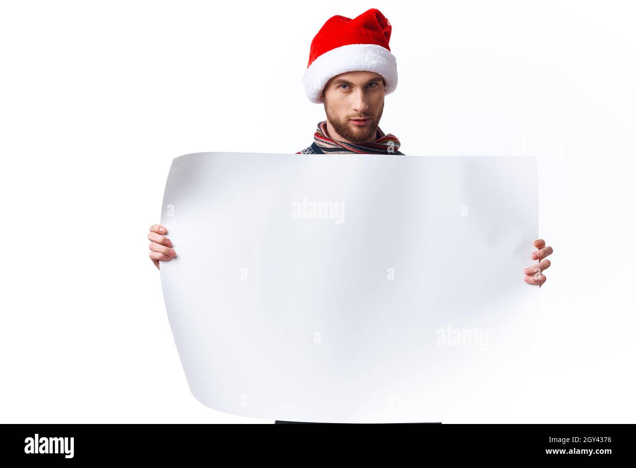 Cheerful man white paper billboard advertising copy-space studio Stock ...