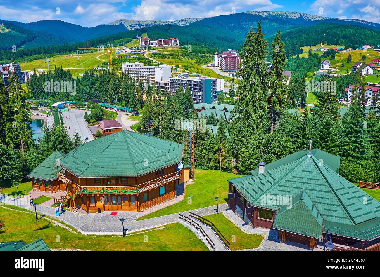 BUKOVEL, UKRAINE - JULY 25, 2021: Observe the mountain resort from the ...