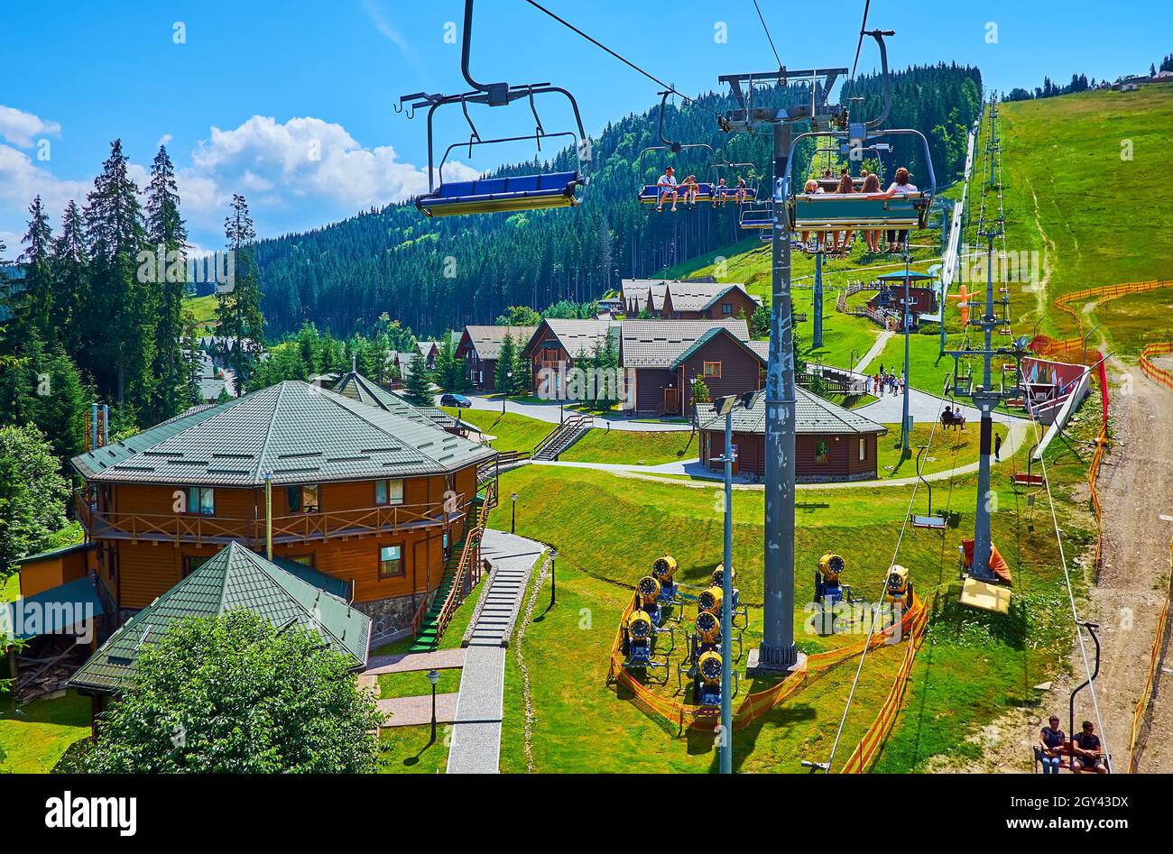 BUKOVEL, UKRAINE - JULY 25, 2021: The scenic aerial landscape from the ...