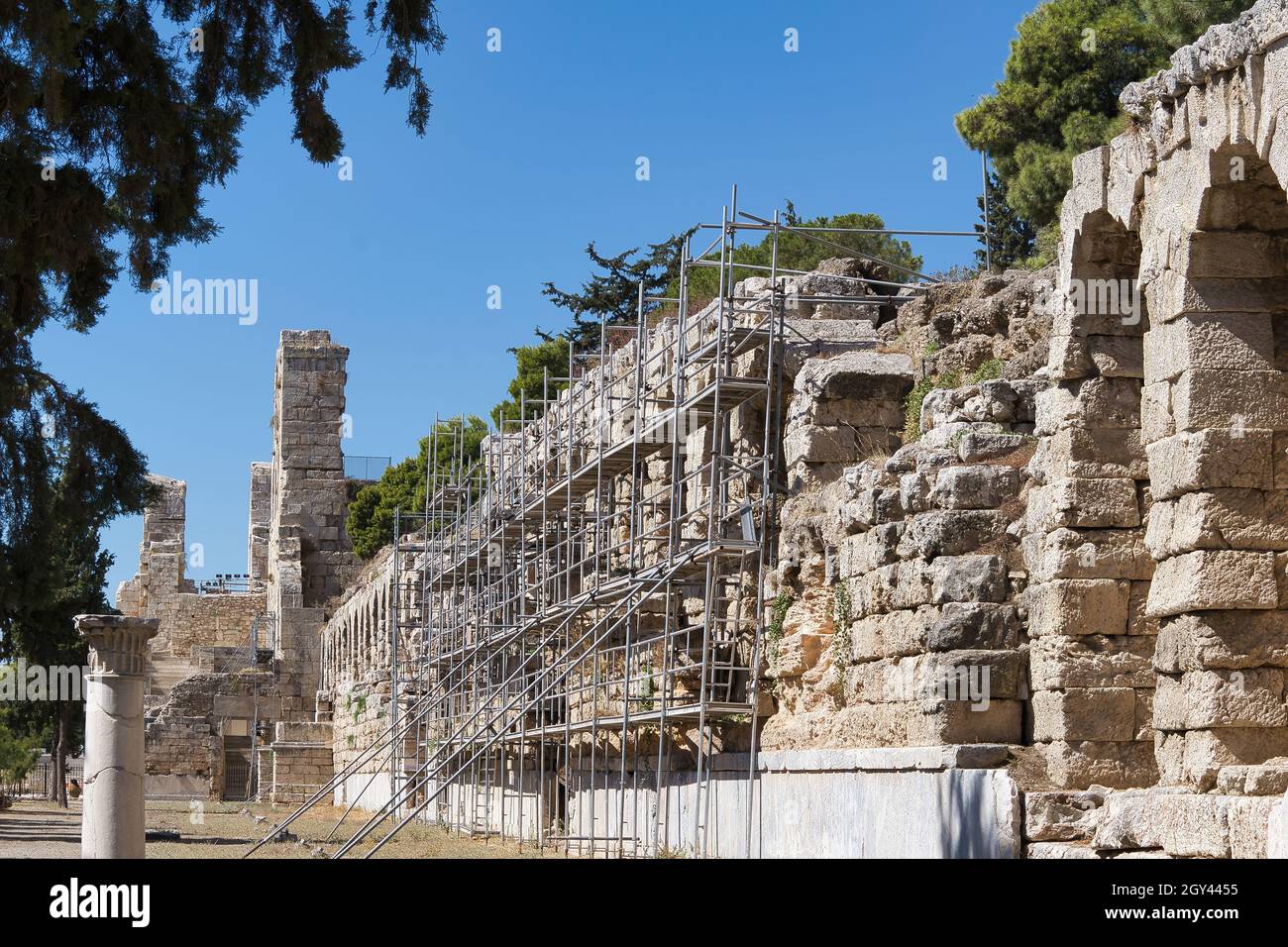 Acropolis, Parthenon, ancient marble ruins at the foot of the Acropolis ...