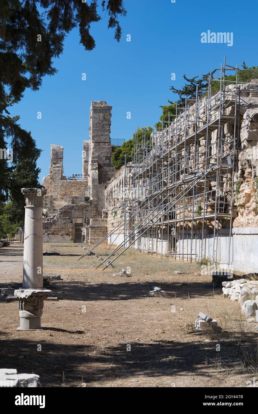 Acropolis, Parthenon, ancient marble ruins at the foot of the Acropolis ...