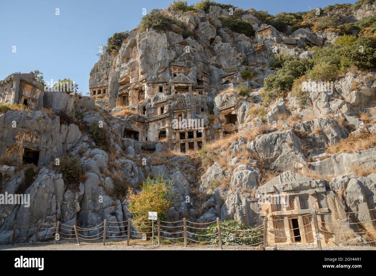 Historical Myra ancient city. Rock-cut tombs Ruins in Lycia region, Demre, Antalya, Turkey Stock ...