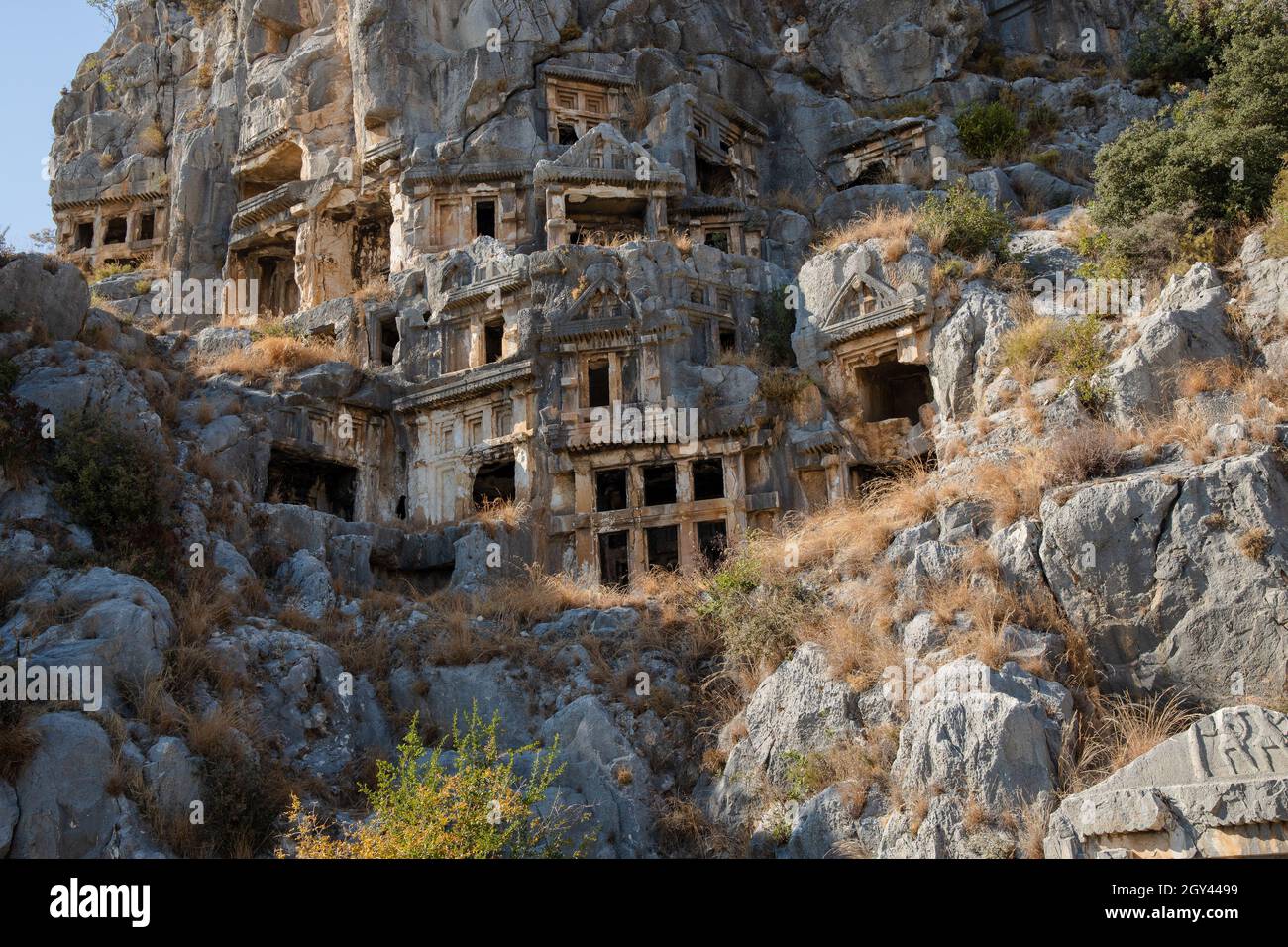 Historical Myra ancient city. Rock-cut tombs Ruins in Lycia region, Demre, Antalya, Turkey Stock ...