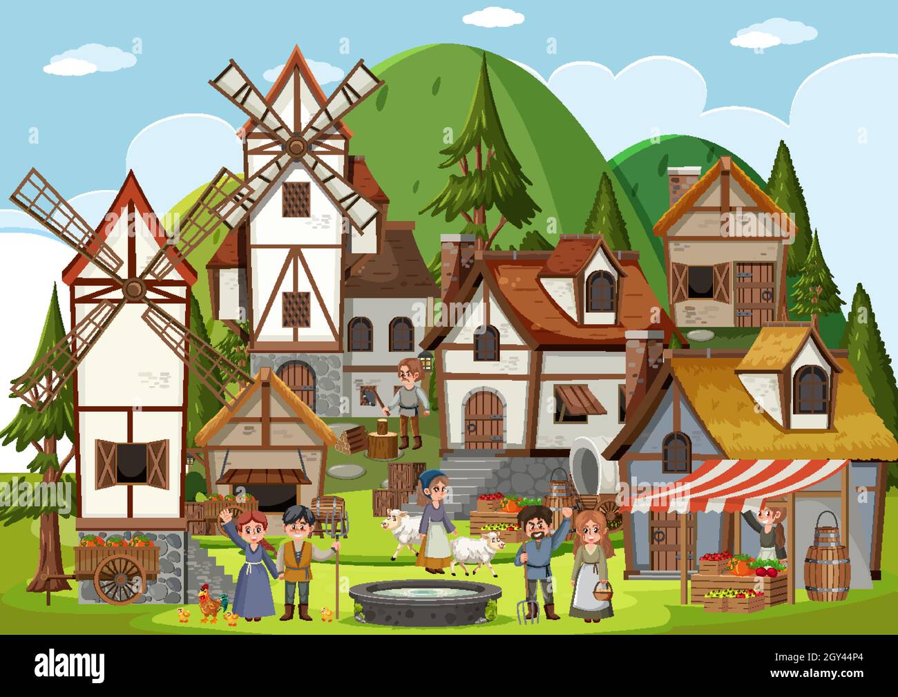 Medieval town scene with villagers illustration Stock Vector Image ...