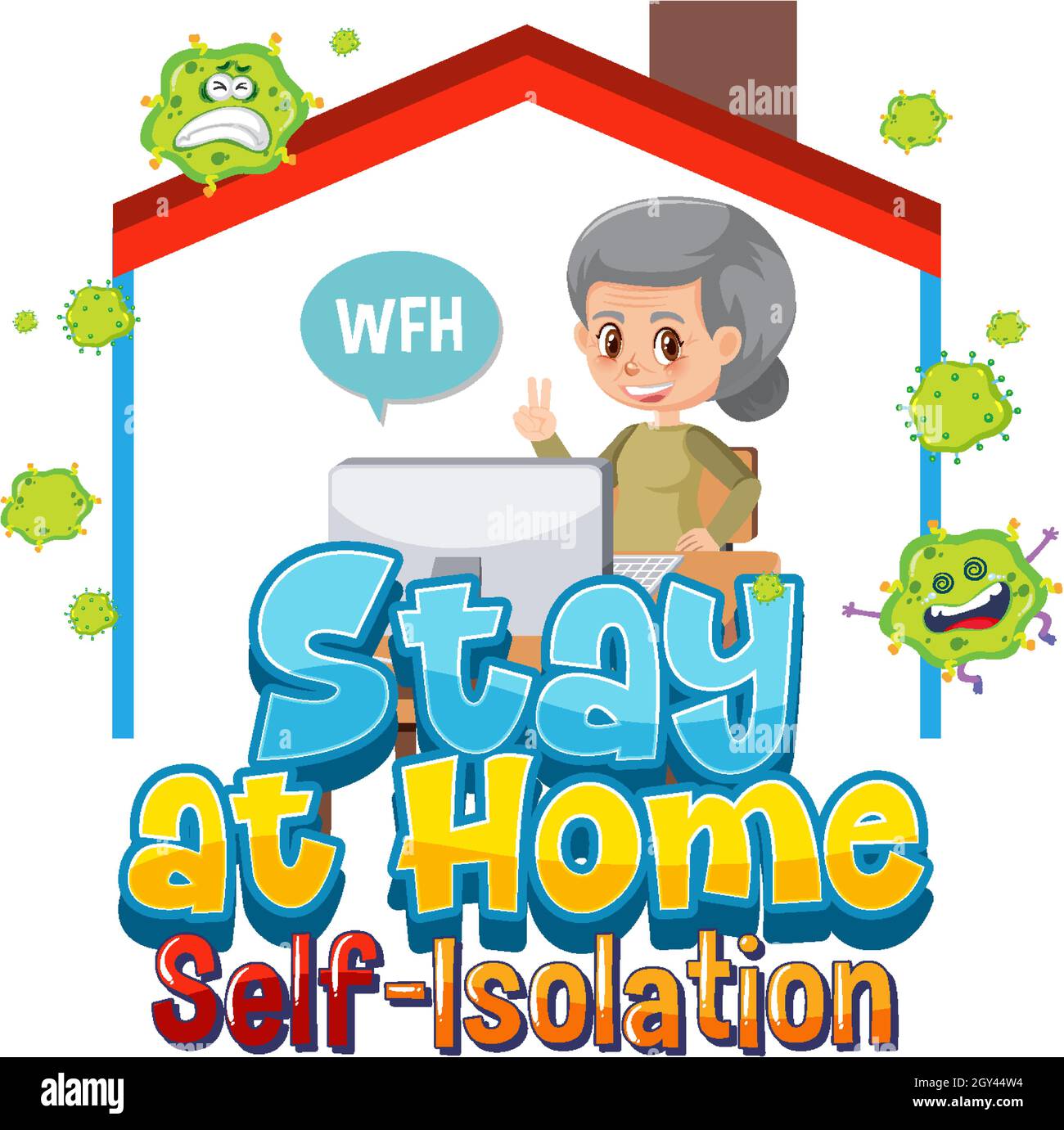 Stay at home and self-isolation banner with cartoon character work from ...