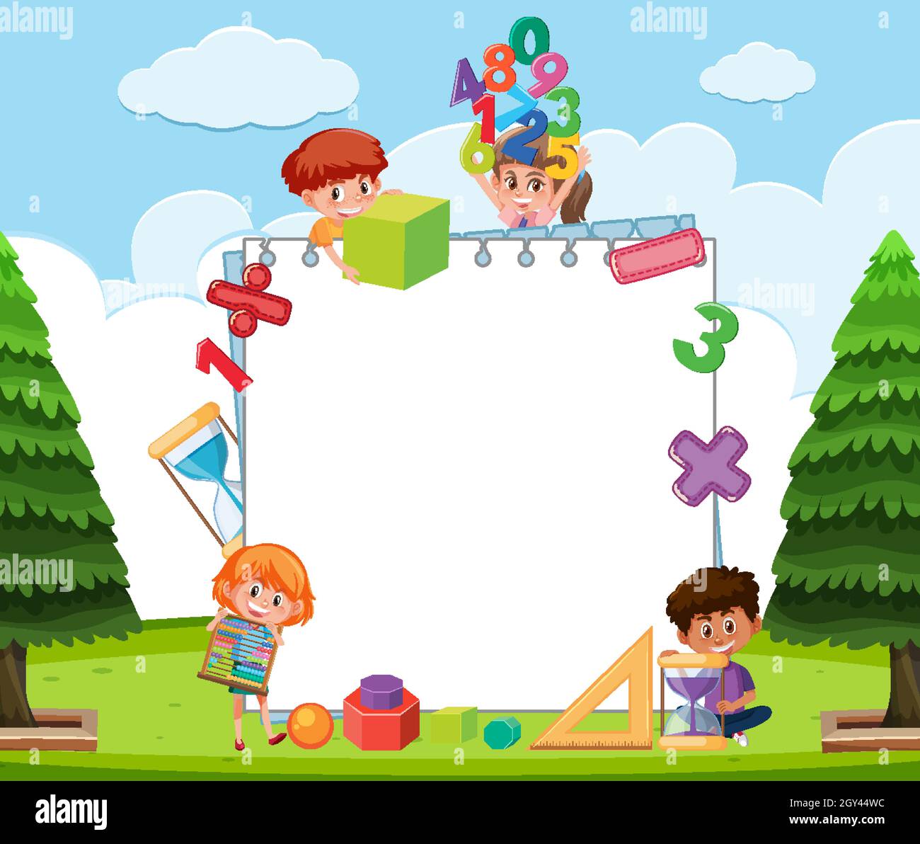 Empty board with kids and math objects at park scene illustration Stock ...