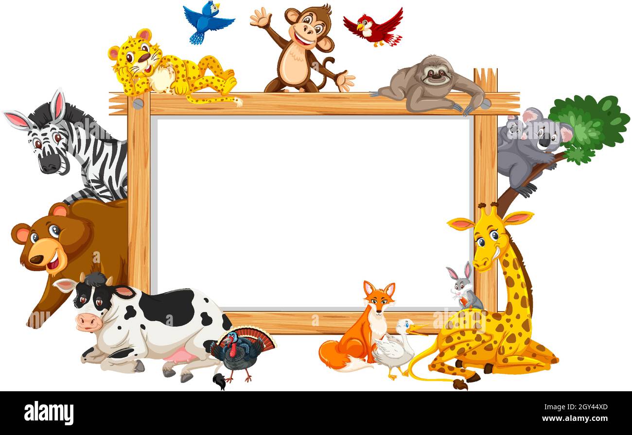 Empty wooden frame with various wild animals illustration Stock Vector ...