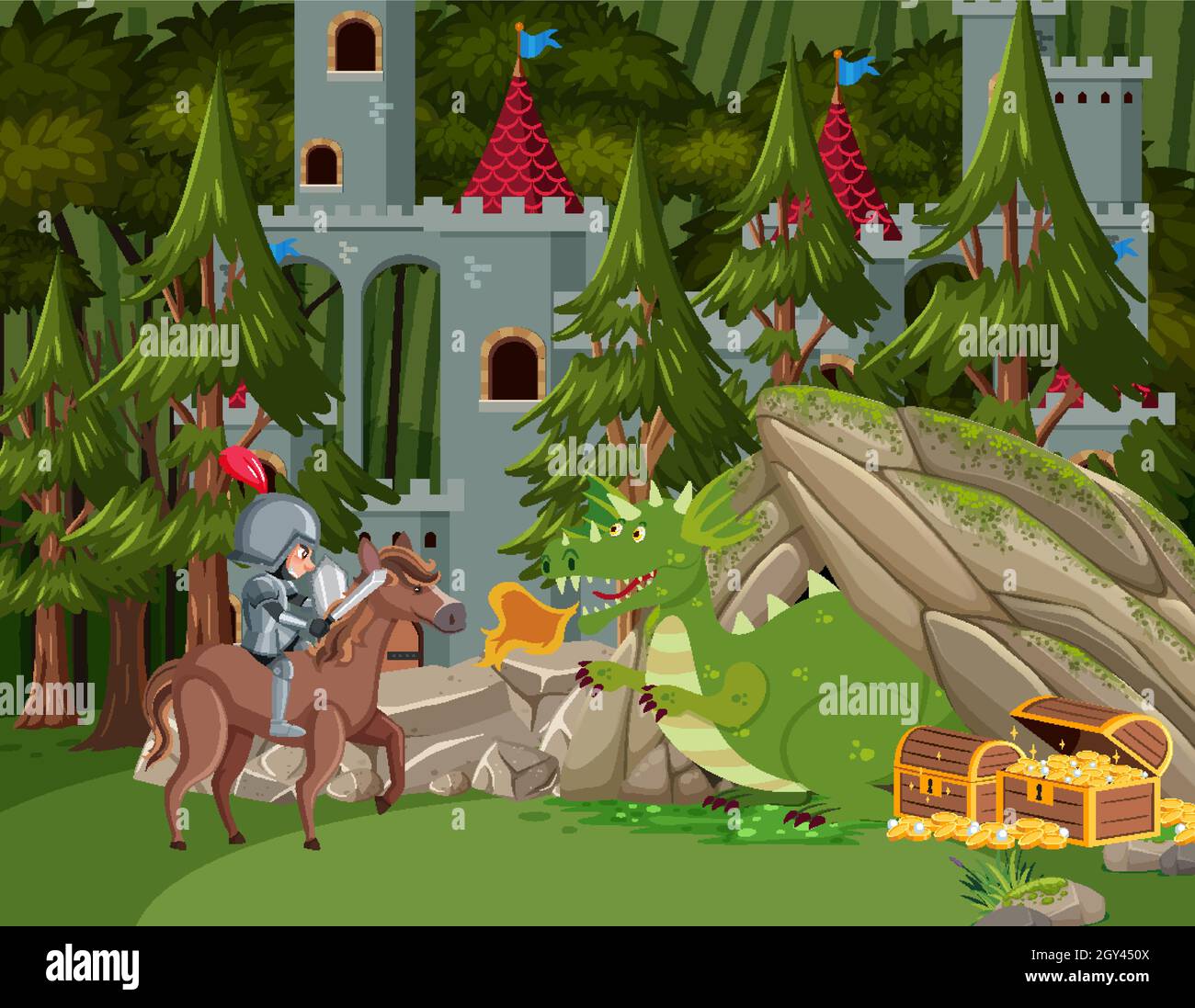 Knights fight with dragon at the castle illustration Stock Vector Image ...