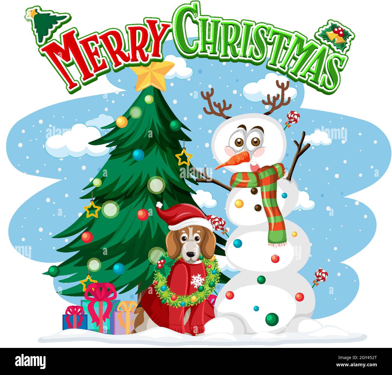 Merry Christmas text logo with Christmas tree and cute dog illustration ...