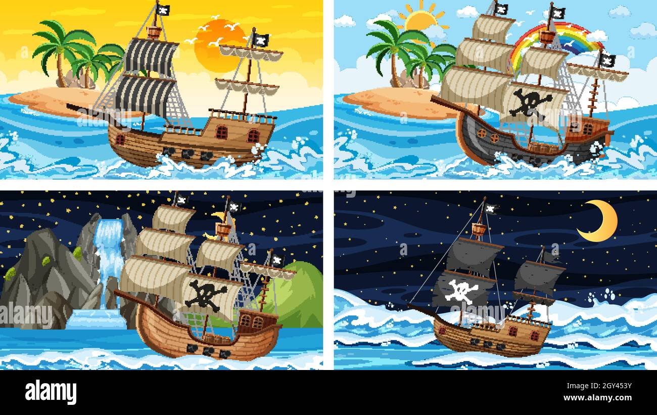 Set of ocean scenes at different times with Pirate ship in cartoon ...