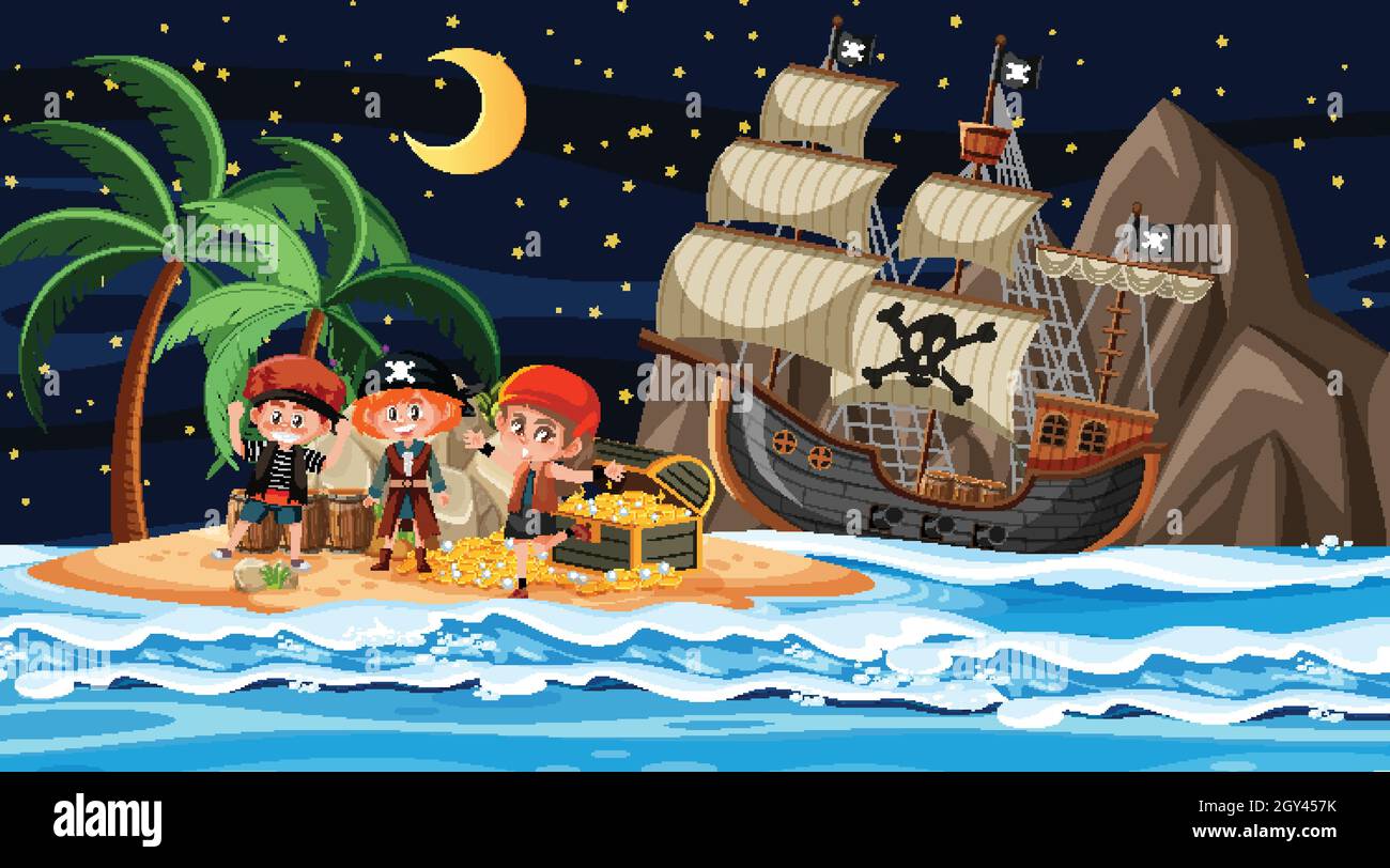 Treasure Island scene at night with Pirate kids illustration Stock ...