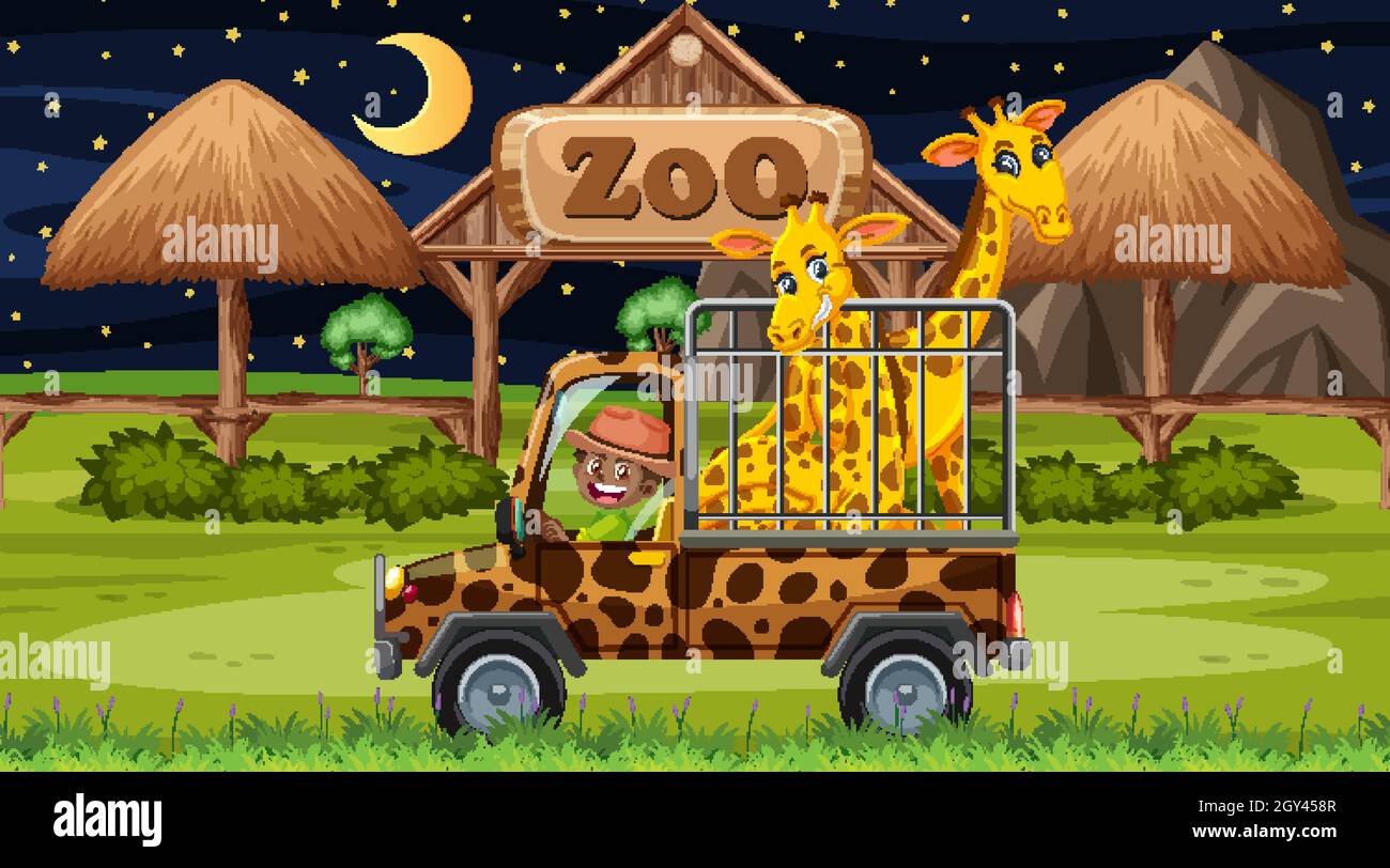 Zoo concept with giraffe group in the cage car illustration Stock ...
