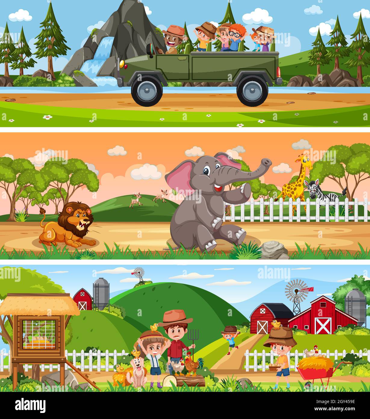 Different nature landscape at daytime scene with cartoon character ...