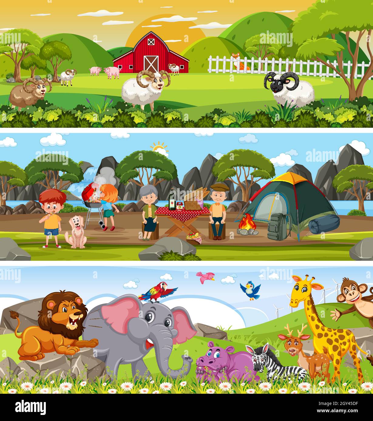 Different nature landscape at daytime scene with cartoon character ...