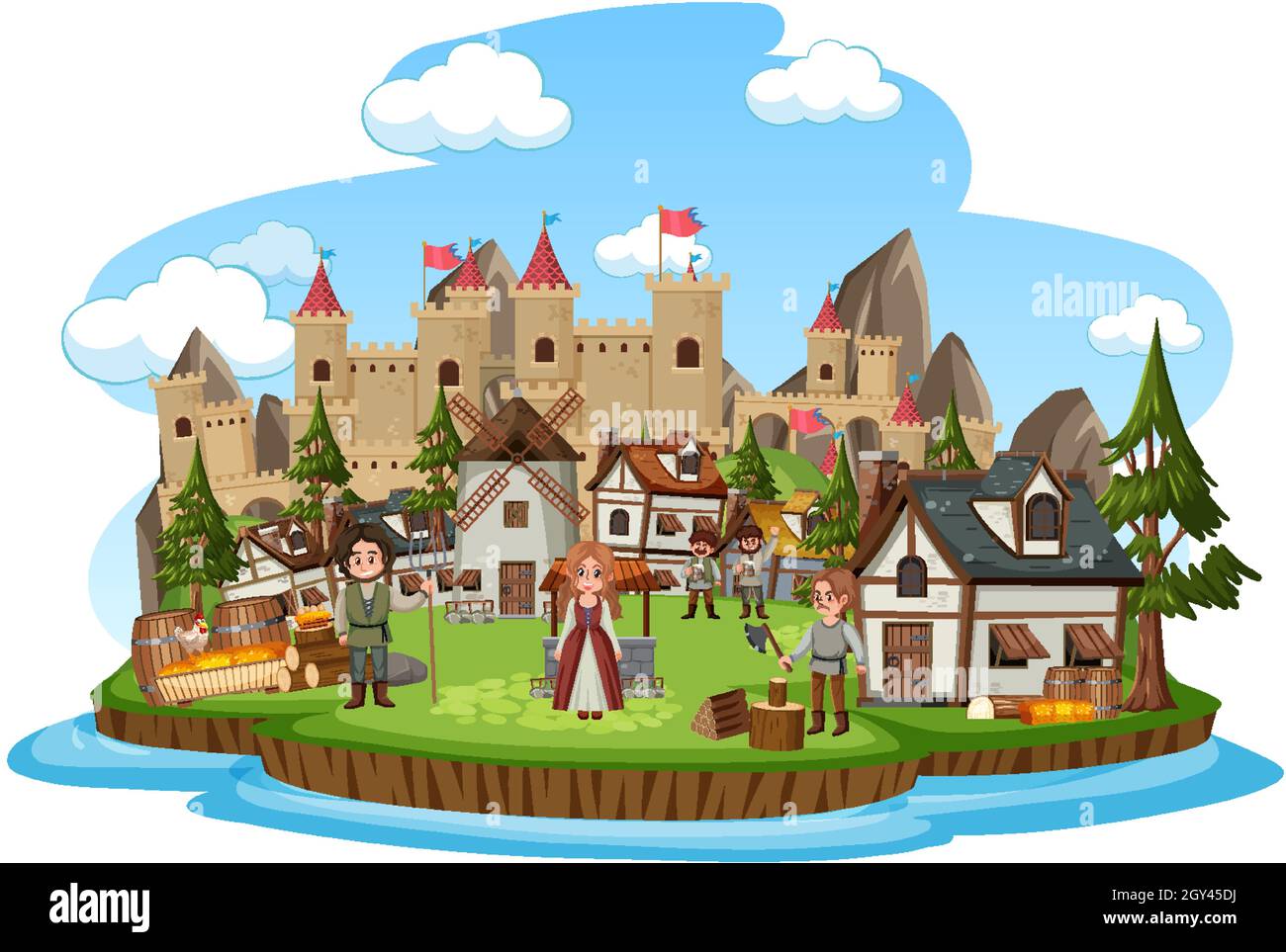 Medieval village with villagers on white background illustration Stock ...
